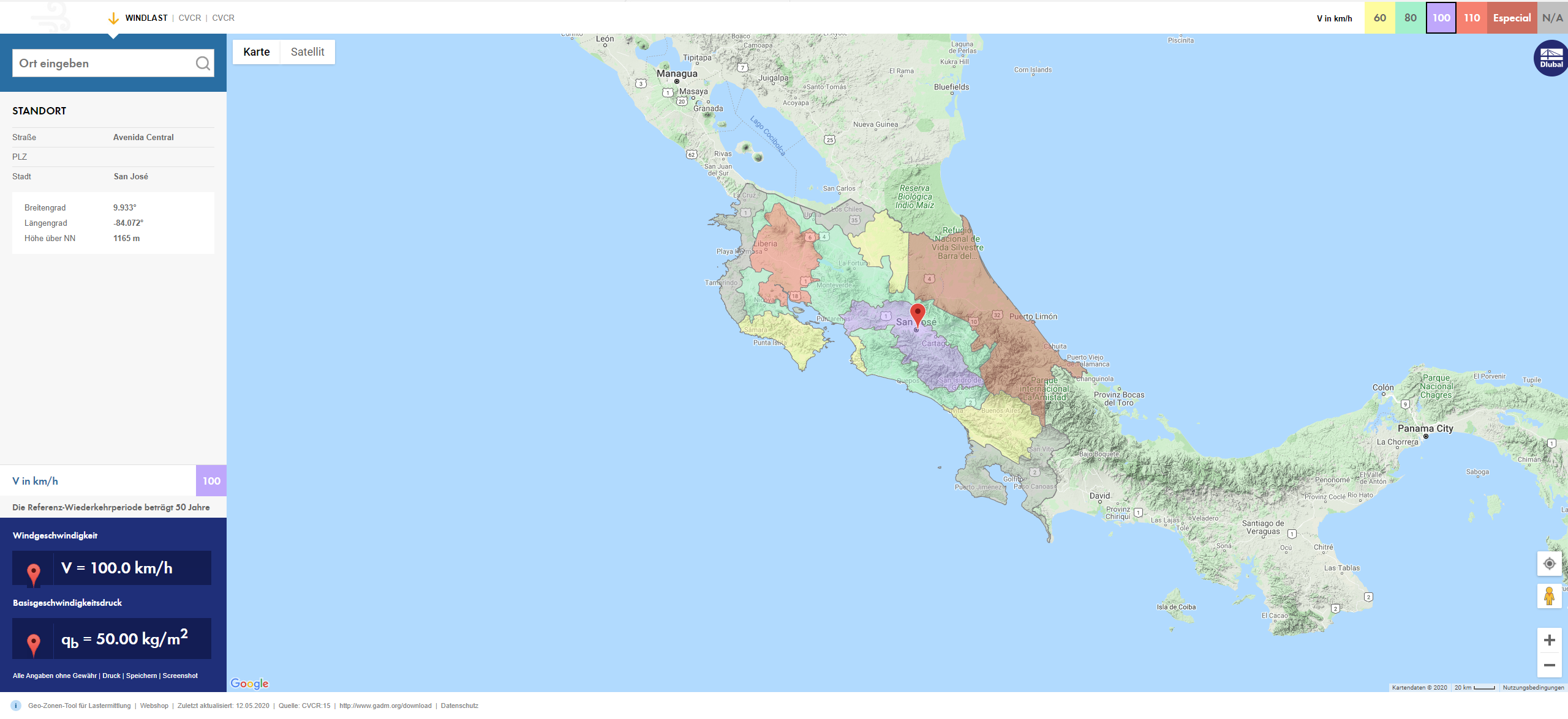 Zonas de viento de Costa Rica según CVCR:15