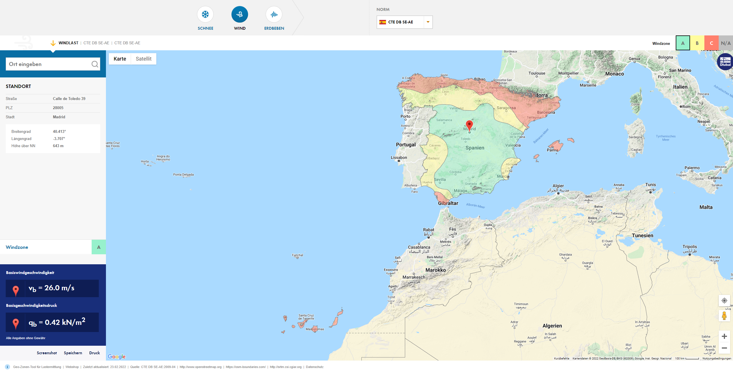 Zone di vento della Spagna secondo CTE DB SE-AE