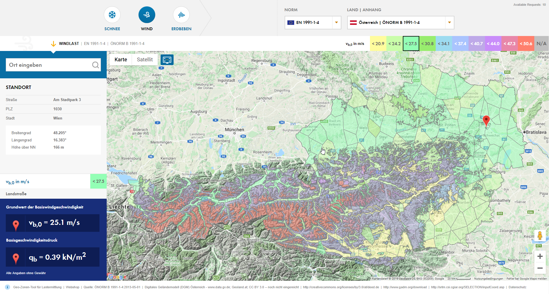 Basic Wind Velocity for Austria According to Eurocode