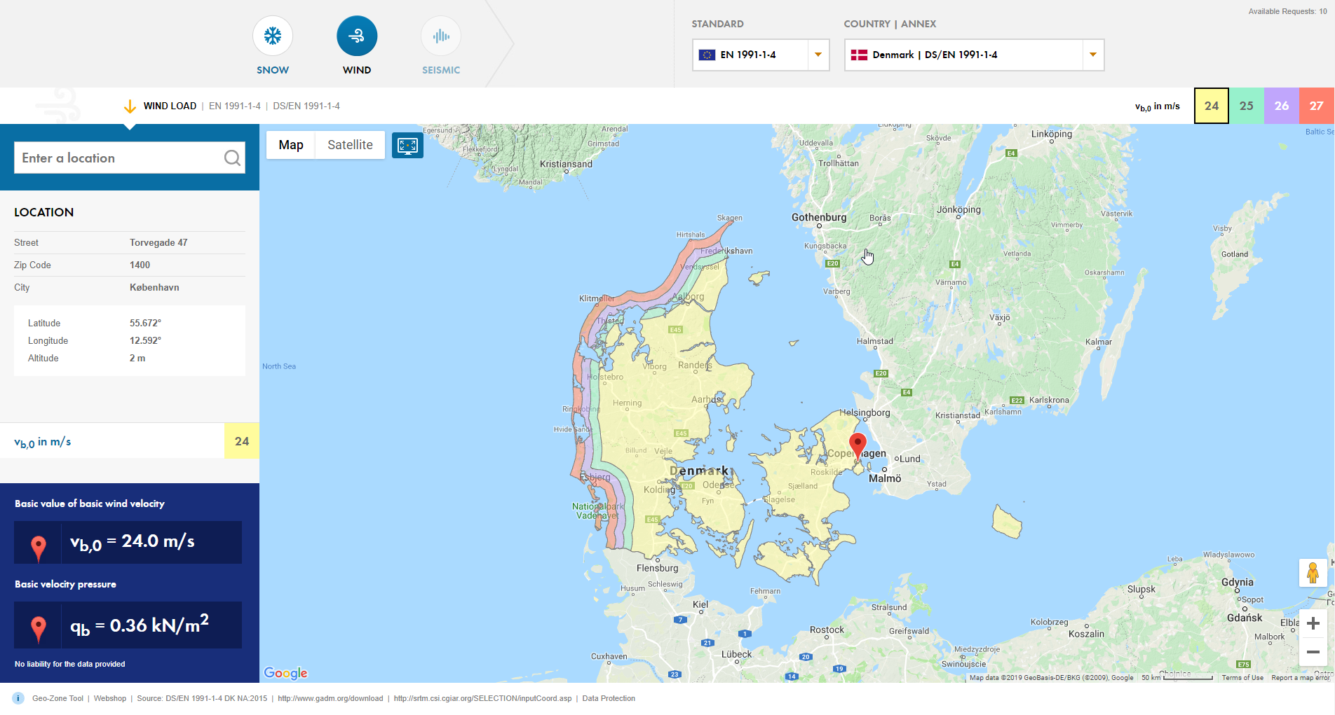Basic Wind Velocity for Denmark According to Eurocode