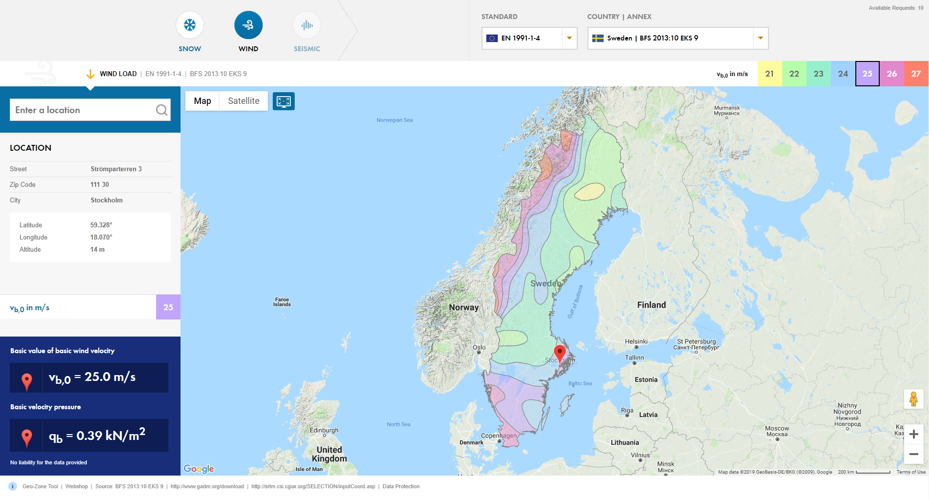 Basic Wind Velocity for Sweden According to Eurocode